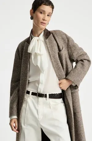 Brunello Cucinelli Virgin Wool And Silk Mélange Diagonal Belted Coat With Monili