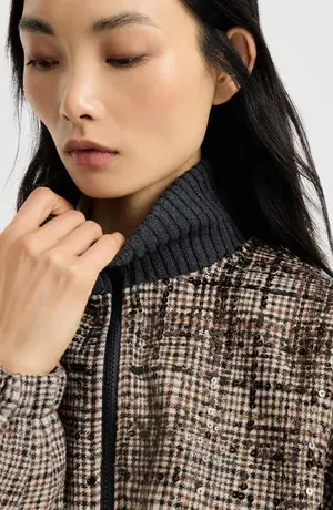 Brunello Cucinelli Checked Alpaca And Wool Bomber Jacket With Dazzling Degradé Embroidery And Thermore® Padding