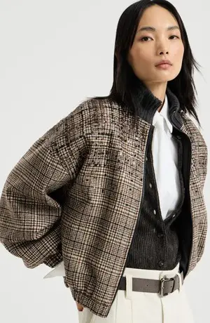 Brunello Cucinelli Checked Alpaca And Wool Bomber Jacket With Dazzling Degradé Embroidery And Thermore® Padding