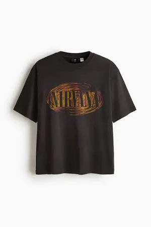H&M Relaxed-fit Printed Cotton T-shirt - Washed Black/nirvana