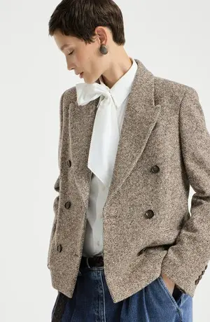 Brunello Cucinelli Virgin Wool And Silk Mélange Diagonal Blazer With Monili