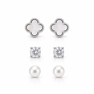 DONATELLO GIAN Set Of 3 Sterling Clover Crystal & Pearl Earrings - Silver