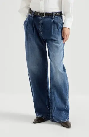 Brunello Cucinelli Comfort Cotton Denim Loose Curved Trousers With Monili