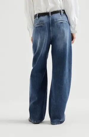 Brunello Cucinelli Comfort Cotton Denim Loose Curved Trousers With Monili