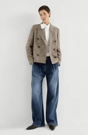 Brunello Cucinelli Comfort Cotton Denim Loose Curved Trousers With Monili
