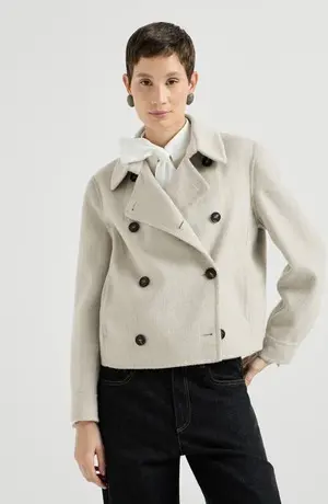 Brunello Cucinelli Hand-crafted Cropped Pea Coat In Cashmere Double Beaver Cloth With Monili