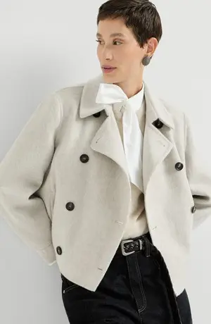 Brunello Cucinelli Hand-crafted Cropped Pea Coat In Cashmere Double Beaver Cloth With Monili