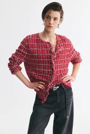 H&M Frayed Jacquard-knit Cardigan