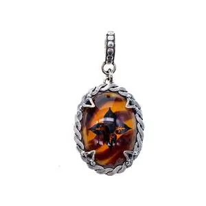 GEM KINGDOM Brown / Silver Amber Floral Pendant