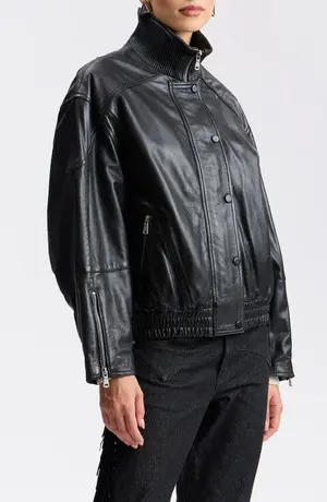 Avec Les Filles Funnel Neck Oversized Leather Bomber Jacket