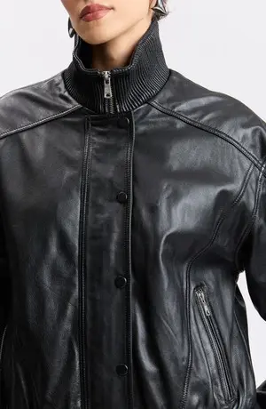 Avec Les Filles Funnel Neck Oversized Leather Bomber Jacket