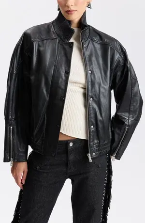 Avec Les Filles Funnel Neck Oversized Leather Bomber Jacket