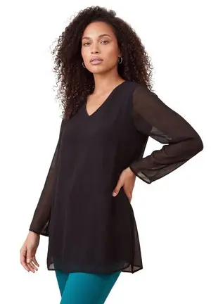 Roaman's Georgette V Neck Mesh Sleeve Tunic - Black