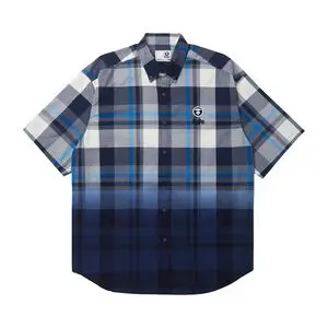 AAPE Moonface Embroidered Gradient Plaid Short-sleeve Shirt 'navy/black - Blue