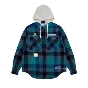 AAPE Moonface Check-panelled Hooded Shirt Jacket /black - Grey