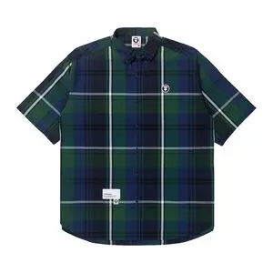 AAPE Moonface Patch Plaid Short-sleeve Shirt 'navy/green - Blue