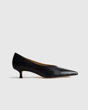 Quince Italian Leather Pointed Toe 40mm Kitten Heel Pump - Black