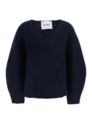 Soft Goat 100% Cashmere V-neck Sweater With Puff Sleeves - Blu