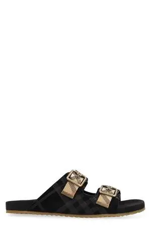 Burberry Mini Urchin Suede Check Sandals With Molded Logo Sole - Black