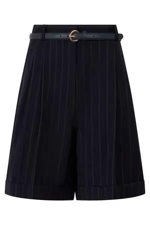 Max Mara Striped Wool Bermuda Shorts With Tie Waist Belt - Black