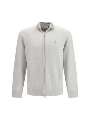Brunello Cucinelli Double Cashmere Cardigan With Zip And Logo - Gray