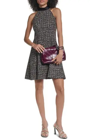 Karl Lagerfeld Paris Satin Collar Tweed Fit & Flare Dress