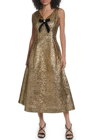 Karl Lagerfeld Paris Metallic Floral Jacquard Cocktail Midi Dress - Gold