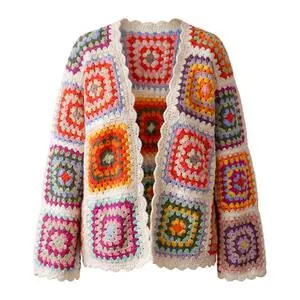 ANA CHIC Cream Trim Granny Square Handmade Crochet Oversized Cardigan - White