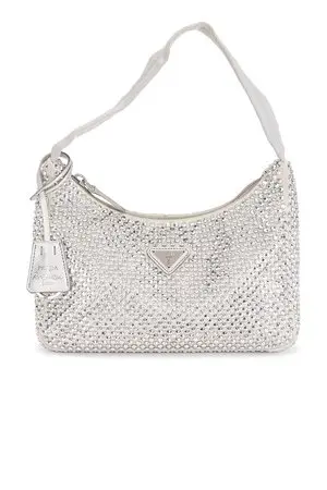 Prada Satin Crystal Embellished Re-edition 2000 Shoulder Bag In Metallic Silver - Blue