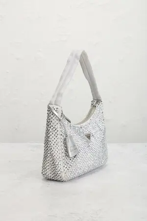 Prada Satin Crystal Embellished Re-edition 2000 Shoulder Bag In Metallic Silver