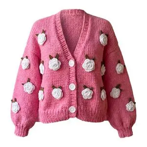 ANA CHIC White Rose Handmade Knitted Cardigan - Pink