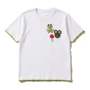 ANA CHIC Frog And Mushroom Handmade Crochet Applique Cotton Tee - White