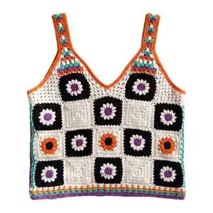 ANA CHIC Checkerboard Bloom Handmade Crochet Crop Top - Black/blue/orange/purple/red/white