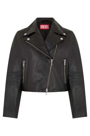 DIESEL® Cropped Leather Jacket With Front Zip And Mandarin Collar - Black
