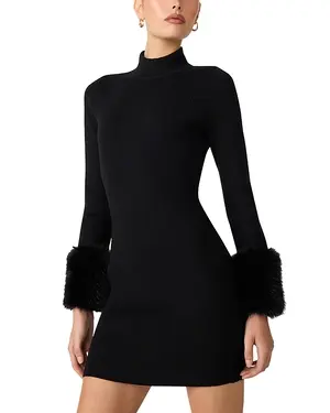 Steve Madden Riello Faux Fur Trim Rib Knit Mini Dress - Black