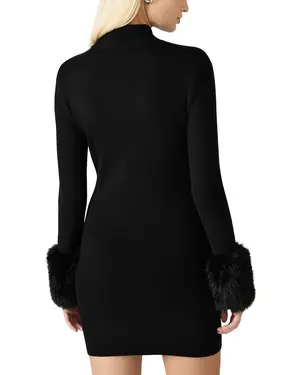 Steve Madden Riello Faux Fur Trim Rib Knit Mini Dress - Black