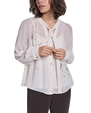 Karl Lagerfeld Paris Chiffon Tie Neck Blouse - Birch