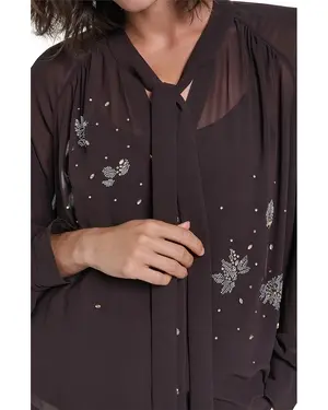 Karl Lagerfeld Paris Chiffon Tie Neck Blouse - Chocolate