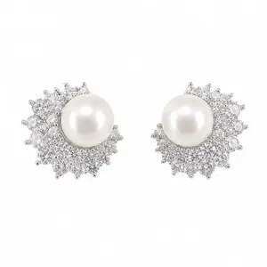 ANGEL BAROCCO Freshwater Pearl Crystal Cluster Stud Earrings - Silver