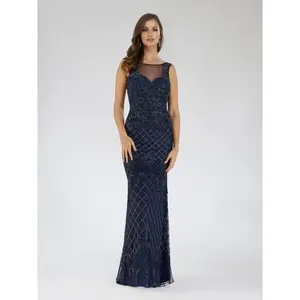 LARA NEW YORK Illusion Neckline Long Dress - Navy
