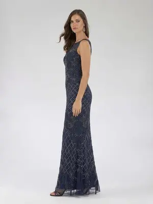 LARA NEW YORK Illusion Neckline Long Dress