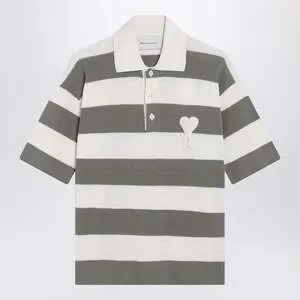 AMI Paris De Coeur Striped Cotton Knit Polo Shirt - White