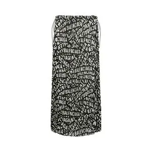 Balenciaga Logo Strips Pleated Drawstring Midi Skirt White - Black