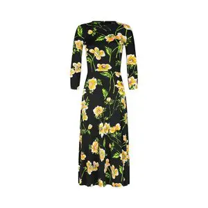 Balenciaga Floral-print A-line Crewneck Dress Yellow - Black