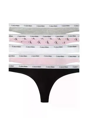 Calvin Klein Logo-waistband Thongs Set Of Five - Black