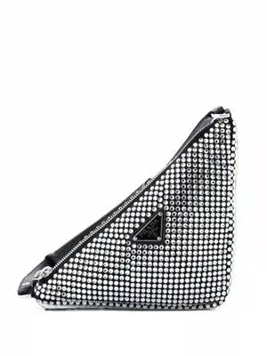 Prada Triangle Top Handle Pouch Bag Crystal Embellished Satin Mini Satchel - Black