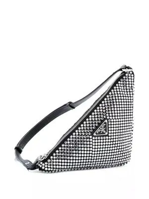Prada Triangle Top Handle Pouch Bag Crystal Embellished Satin Mini Satchel - Black