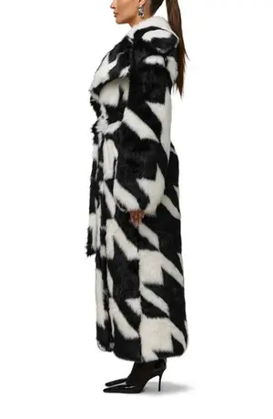 Naked Wardrobe Houndstooth Jacquard Faux Fur Coat
