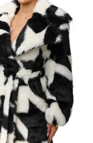 Naked Wardrobe Houndstooth Jacquard Faux Fur Coat