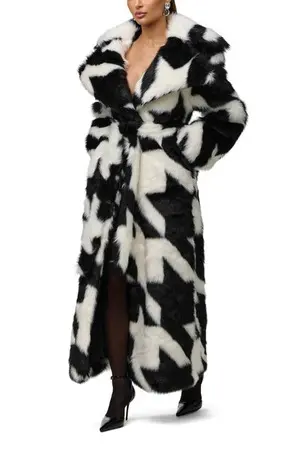 Naked Wardrobe Houndstooth Jacquard Faux Fur Coat
